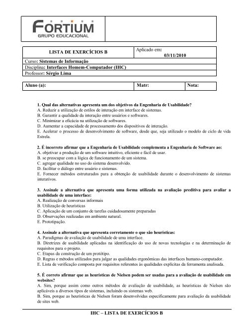 IHC â LISTA DE EXERCÃ CIOS B LISTA DE EXERCÃ CIOS B Aplicado ...