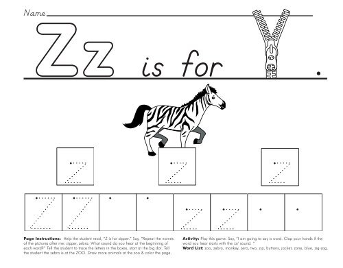 Page Instructions: Help the student read, Ã¢Â€ÂœZ is for zipper ...