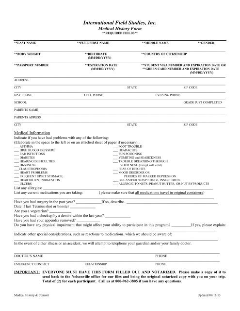 Notarized Medical History Form - Advanced Academic Programs