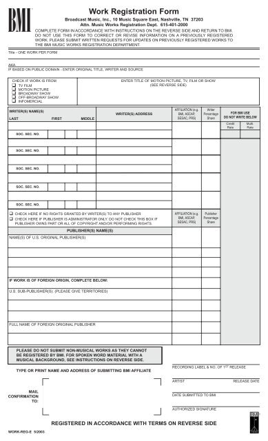 Work Registration Form - BMI.com
