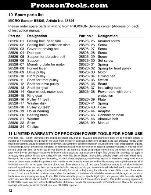 Parts Diagram - Proxxon Tools