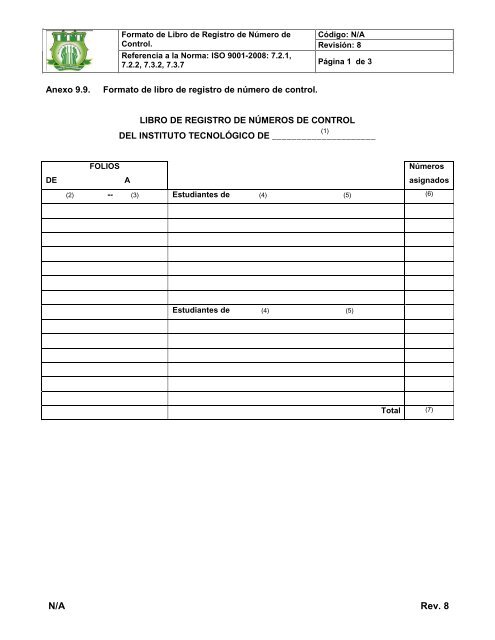 libro de registro de numero de control - Instituto Tecnologico de ...
