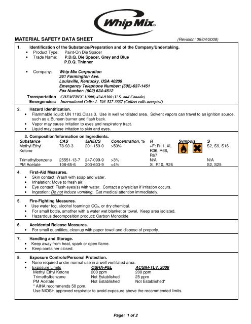 MATERIAL SAFETY DATA SHEET - Whip Mix