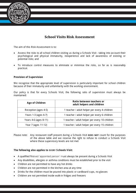 School Visits Risk Assessment - Pizza Express
