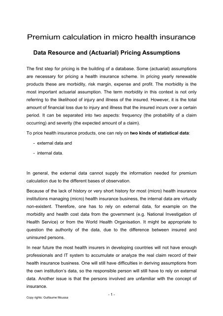 Premium calculation in micro health insurance - Actuarial Society of ...