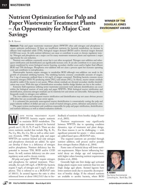 Nutrient Optimization for Pulp and Paper Wastewater Treatment