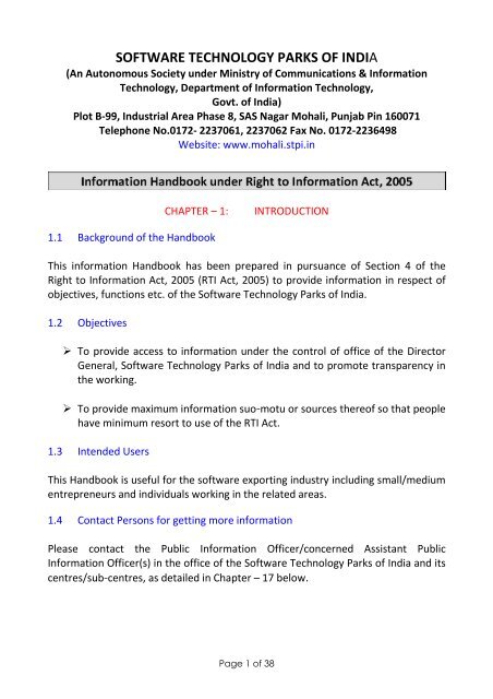 RTI Act, 2005 - Mohali - Software Technology Parks Of India RTI Act, 2005 - Mohali - Software Technology Parks Of India