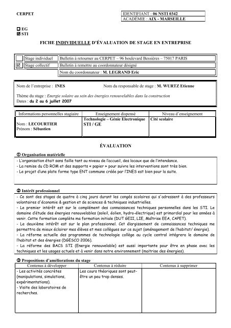 fiche individuelle d'Ã©valuation de stage en entreprise sti / ge ...