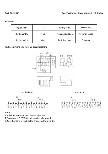 Part: 5621-BSR Specifications of Seven segment LED display ...