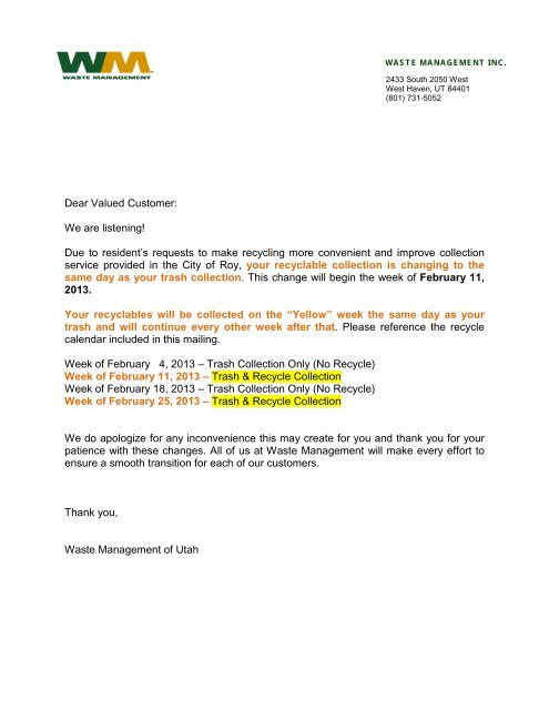 Dear Valued Customer: We are listening! Due to ... - Roy City