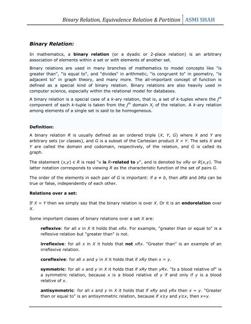 Binary Relation Equivalence Relation And Partition Asmi Shah