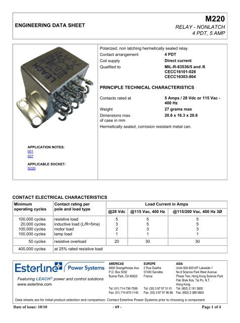 engineering data sheet relay - nonlatch 4 pdt, 5 amp - Leach ...