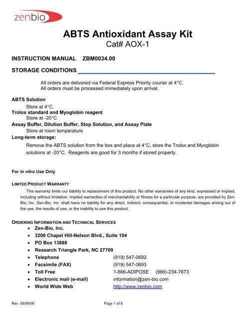 ABTS Antioxidant Assay Kit - Zen-Bio Inc.