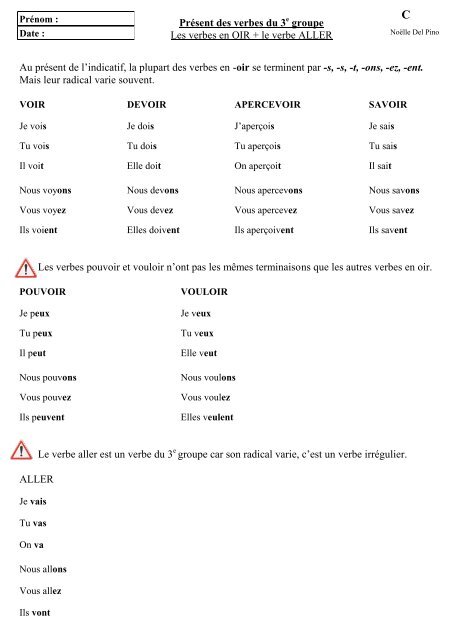 Le prÃ©sent des verbes du 3e groupe en oir + aller ... - Nono l'instit