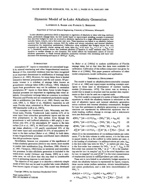 Dynamic model of in-lake alkalinity generation. - Larry Baker Lab