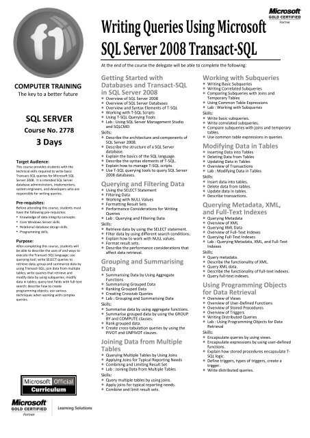 Writing Queries Using Microsoft Sql Server 2008 Transact Sql