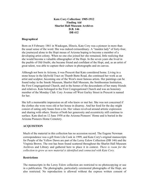 Cory, Kate Thompson, Papers, 1905-1912 - Sharlot Hall Museum