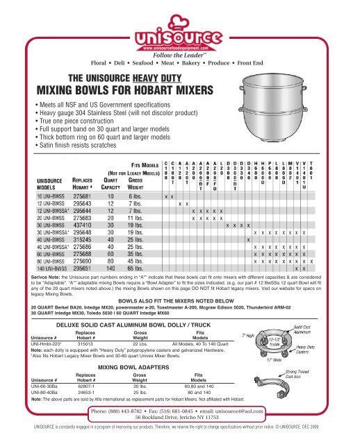 Spec Sheet - Unisource food Equipment