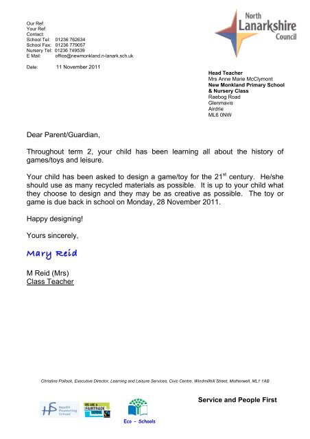 Letter re. P2 Design A Recycled Toy/Game - Newarthill Primary School