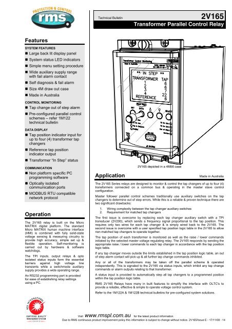 Features Operation Transformer Parallel Control Relay Application