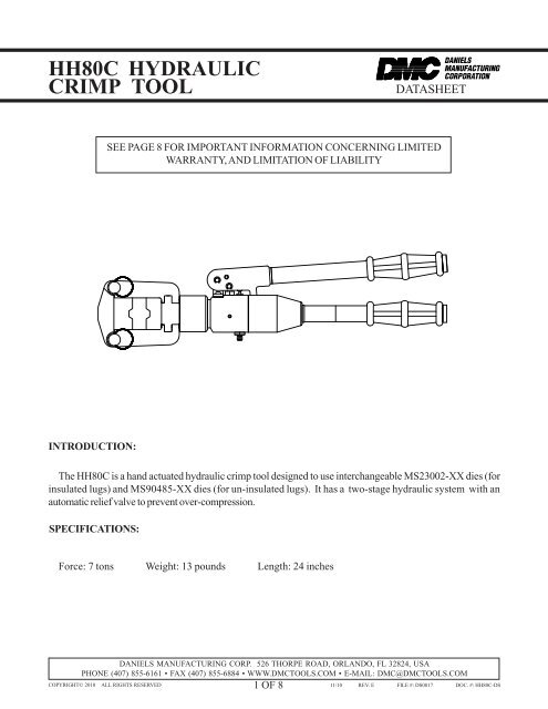 hh80c hydraulic crimp tool - Daniels Manufacturing Corporation