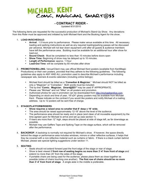 CONTRACT RIDER - Michael Kent