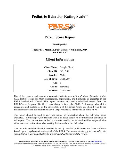 PBRS Parent Score Report - Psychological Assessment Resources ...