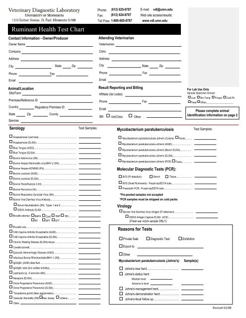 Ruminant Health Test Chart - Veterinary Diagnostic Laboratory