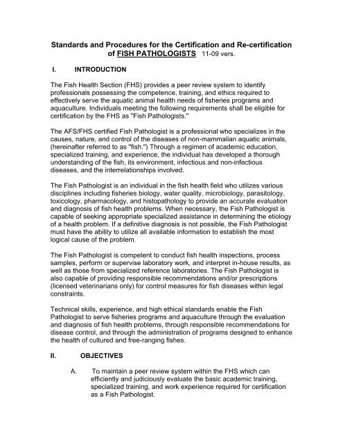 Standards and Procedures for the Certification and ... - AFS-FHS.org