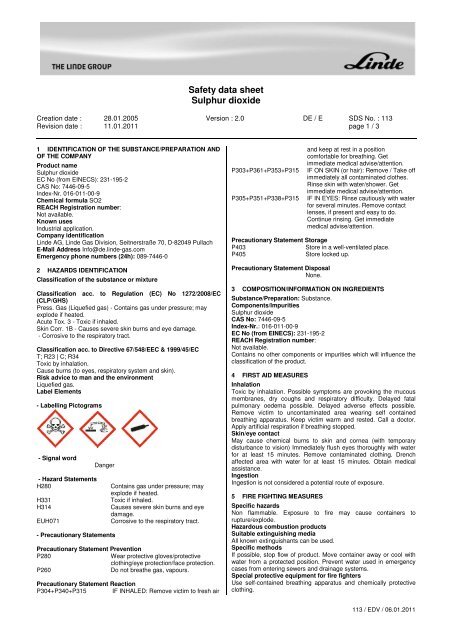Safety data sheet Sulphur dioxide - Linde Gas