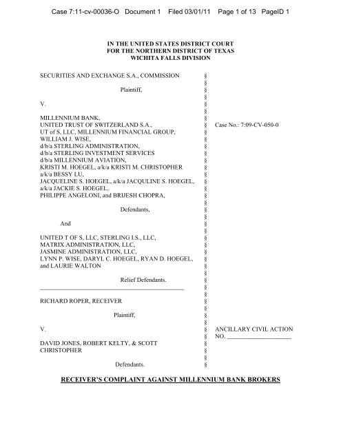 Receiver's Complaint Against Millennium Bank Brokers