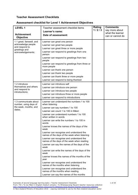 Teacher Assessment Checklists - Te reo MÄ ori
