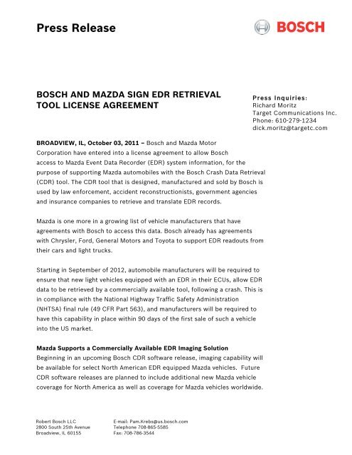 bosch and mazda sign edr retrieval tool license ... - Crash Data Group
