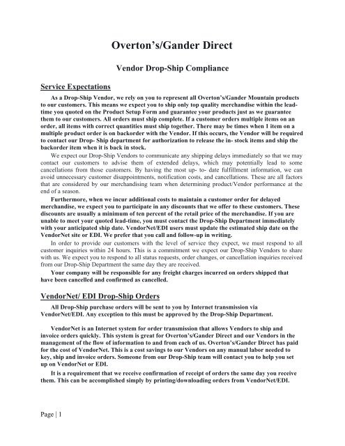 Overton's/Gander Direct Vendor Drop-Ship Compliance