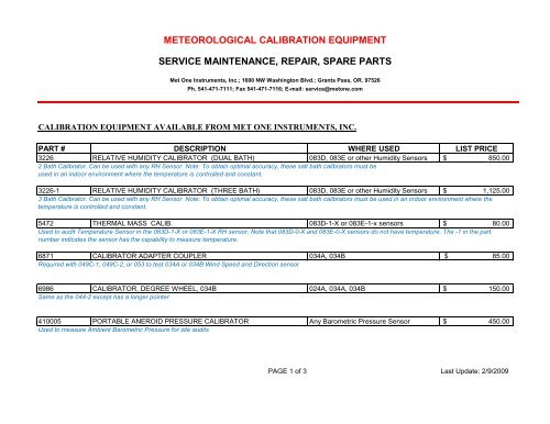 Service Parts - Pricing Master - Met One Instruments