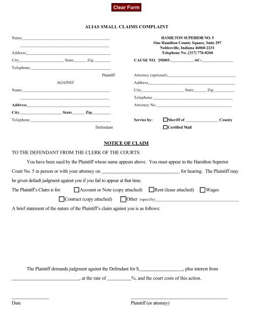 alias small claims complaint - Hamilton County, Indiana