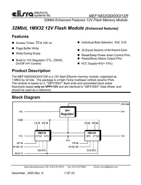 32Mbit, 1MX32 12V Flash Module (Enhanced features)
