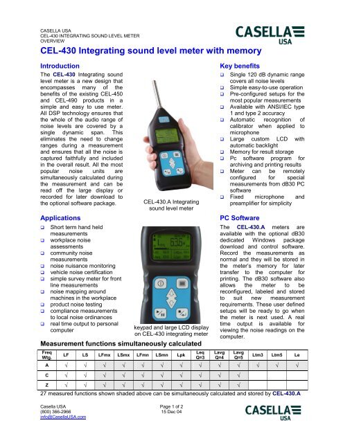 CEL-430 Integrating sound level meter with memory - Equipco