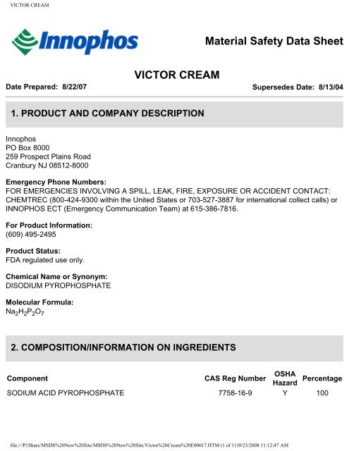 Material Safety Data Sheet VICTOR CREAM - Innophos