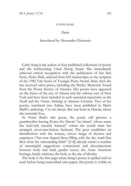 Poems Introduced by Alessandro Clericuzio Cathy Song is ... - aisna