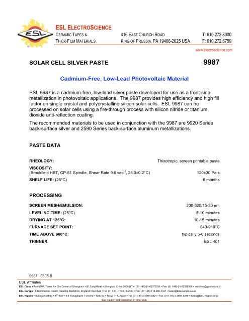 ESL ELECTROSCIENCE SOLAR CELL SILVER PASTE Cadmium ...