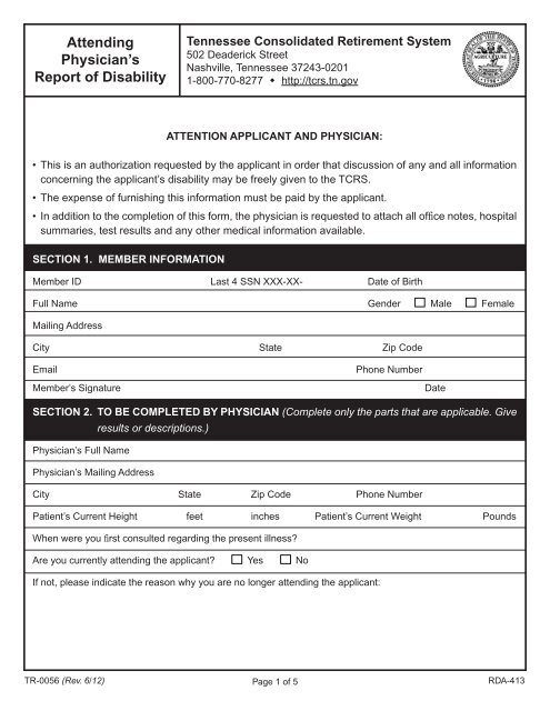 Attending Physician's Report of Disability* - Tennessee Department ...