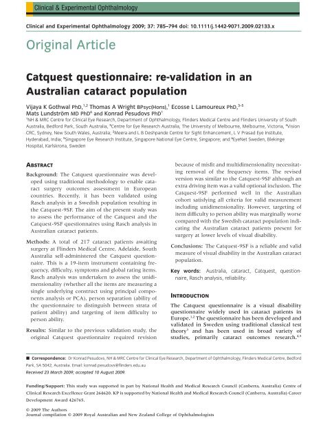 Catquest questionnaire: reâ validation in an Australian cataract ...