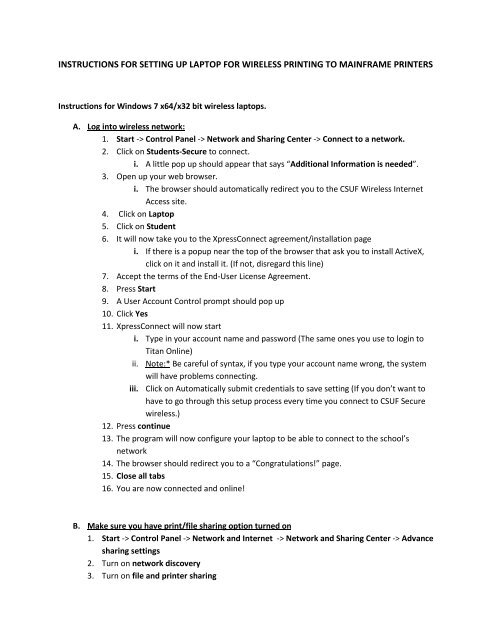 instructions for setting up laptop for wireless printing