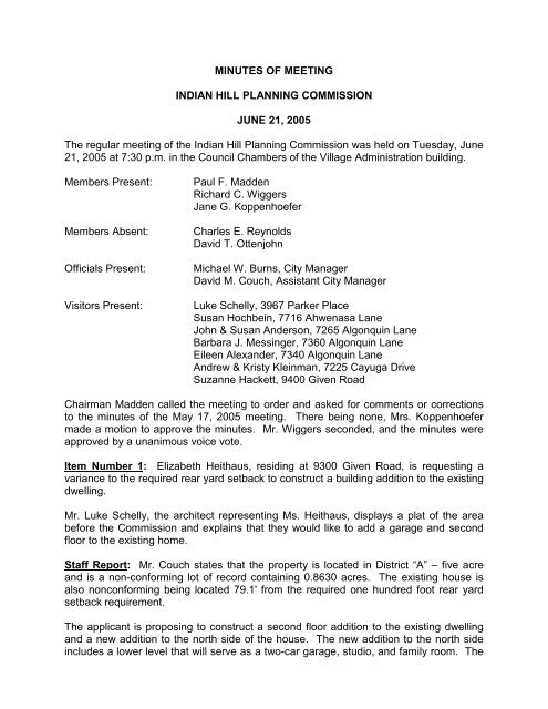 MINUTES OF MEETING - The Village of Indian Hill
