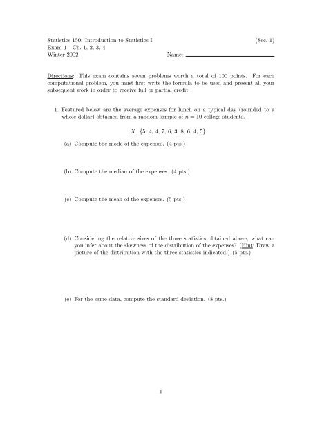 Statistics 150: Introduction to Statistics I (Sec. 1) Exam 1 - Ch. 1, 2 ...