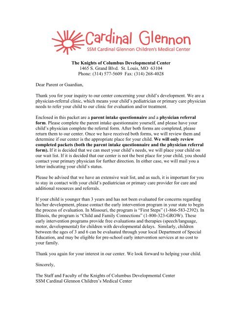 Intake Packet - SSM Cardinal Glennon Children's Medical Center