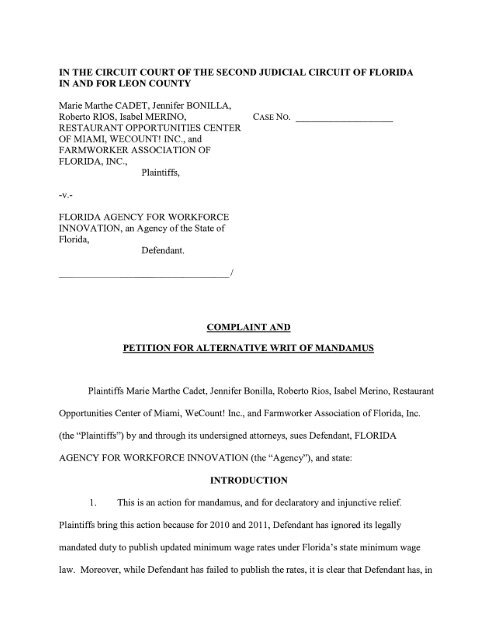 Complaint In Florida Minimum Wage Lawsuit Cadet V