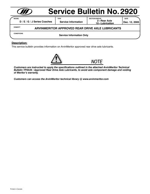 ArvinMeritor approved rear drive axle lubricants
