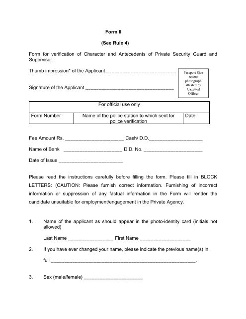Form II (See Rule 4) Form for verification of Character and ...